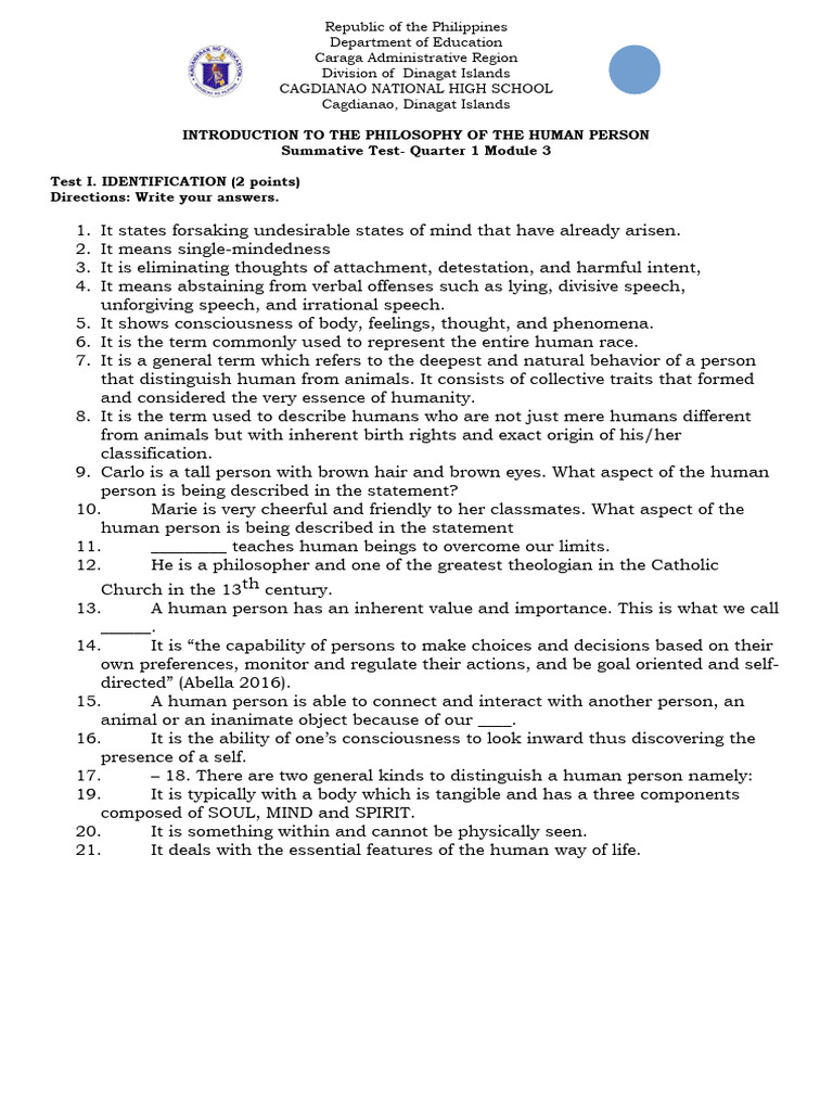 PHILO Summative Module 3... Identification | PDF | Soul | Mind