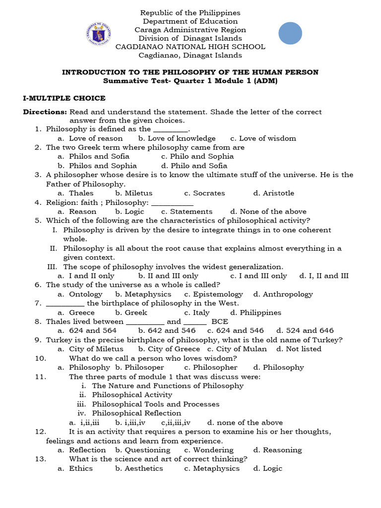 PHILO Summative Module 1 Adm | PDF | Reason | Metaphysics