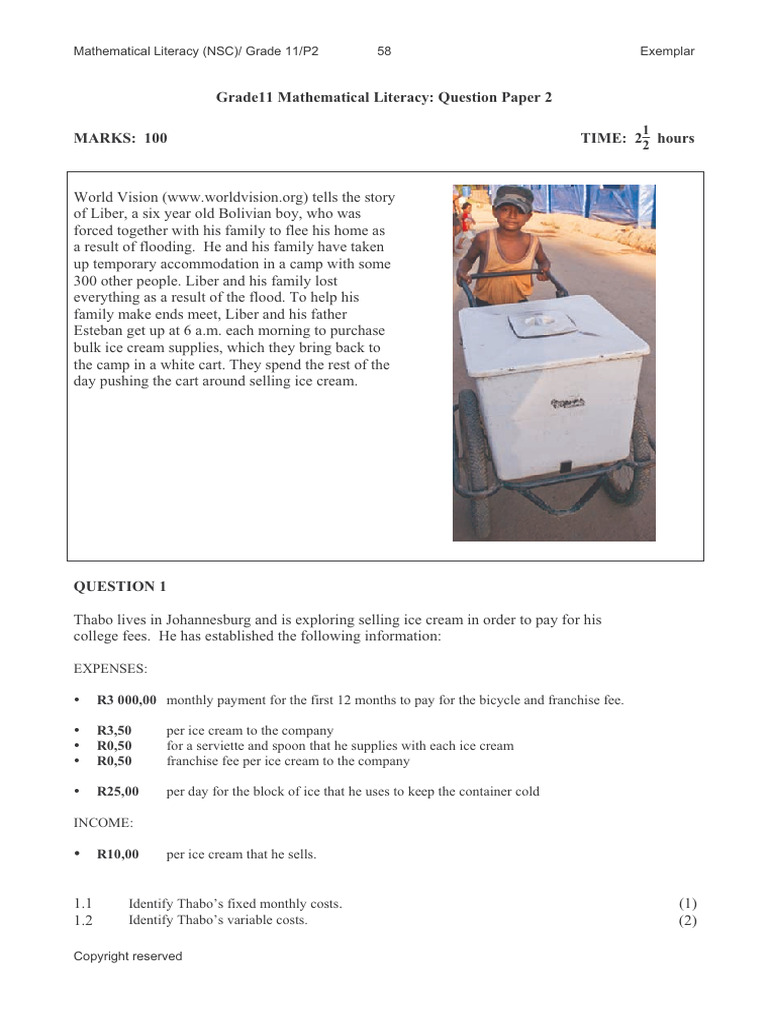 Mathematical Literacy (NSC) / Grade 11/P2 58 Exemplar | PDF