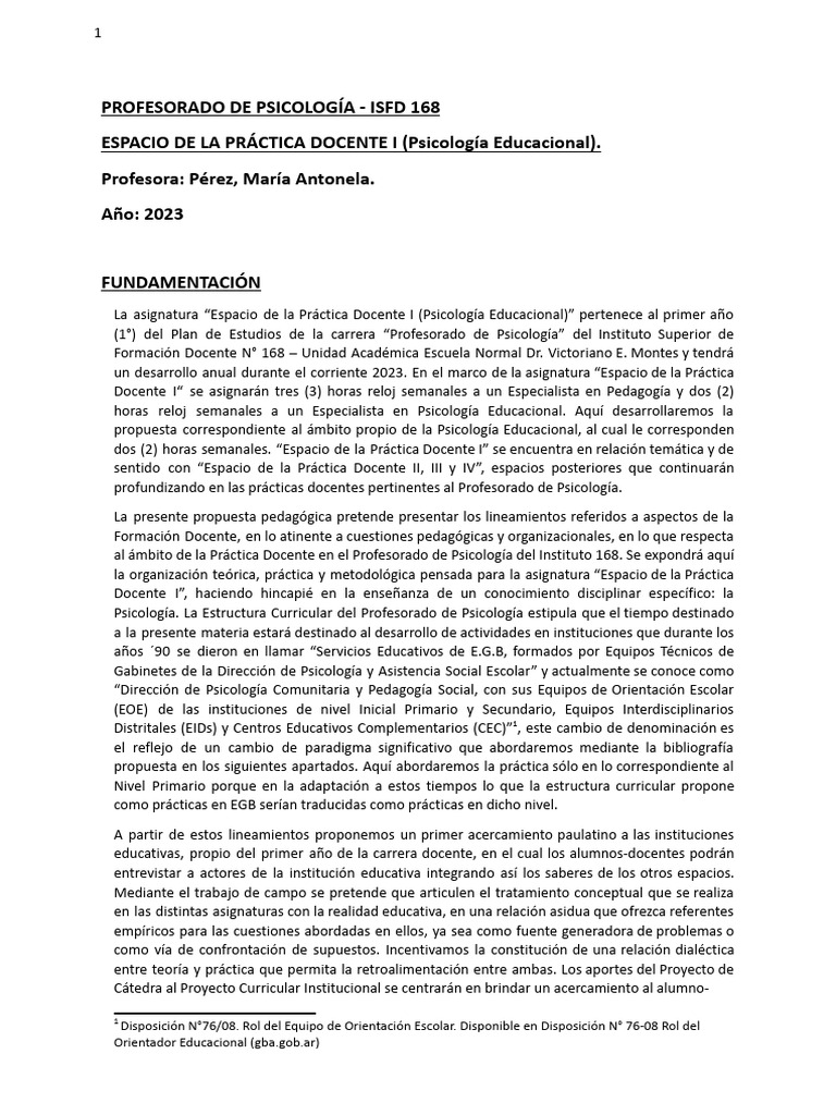 Programa Espacio de La PR Ctica Docente I Psicolog A Educacional 2023 Docx 1 Removed | PDF ...
