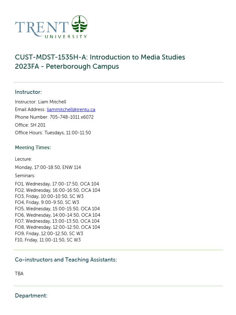 CUST-1535H-A - Introduction To Media Studies (2023FA - Peterborough Campus) | Download Free PDF ...