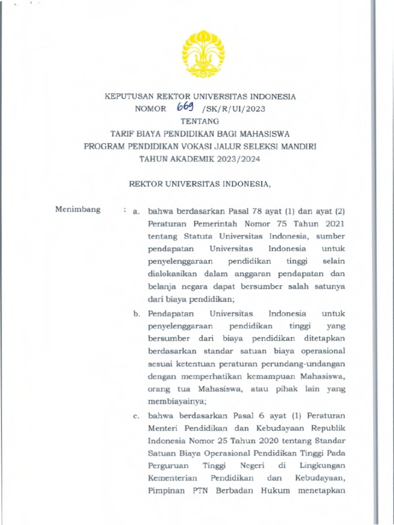 SK No 669 Tentang Tarif BP Program Vokasi Jalur Seleksi Mandiri TA 2023 2024 | PDF