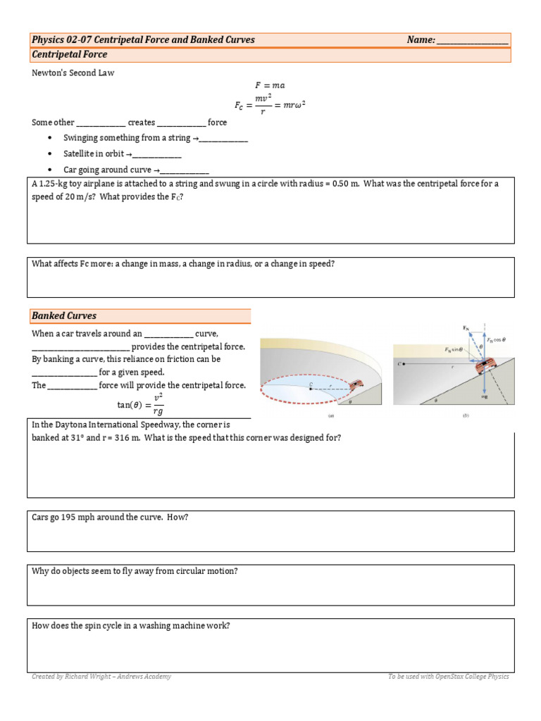 Physics 02-07 Centripetal Force and Banked Curves | PDF | Force | Speed