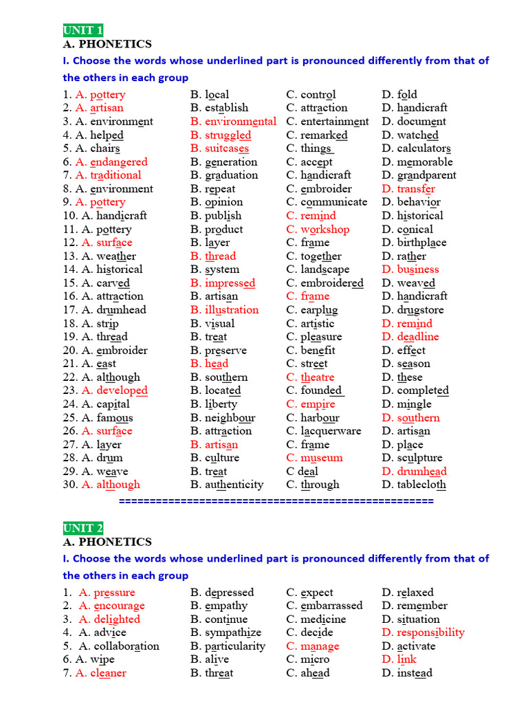 Bài tập Anh 9 theo chuyên đề 1. NGỮ ÂM E9 (UNIT 1-6) N | PDF