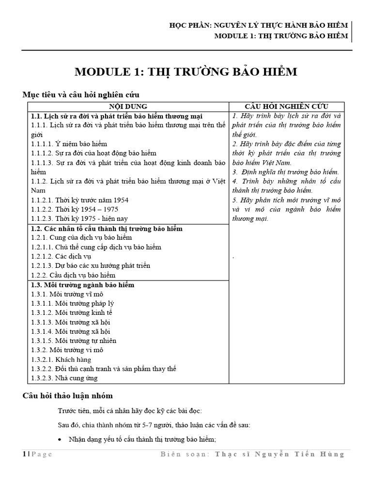 Nguyen Tien Hung - Giao Trinh Thi Truong Bao Hiem - Module 1 Thi Truong Bao Hiem Copy Đã G P Đã ...