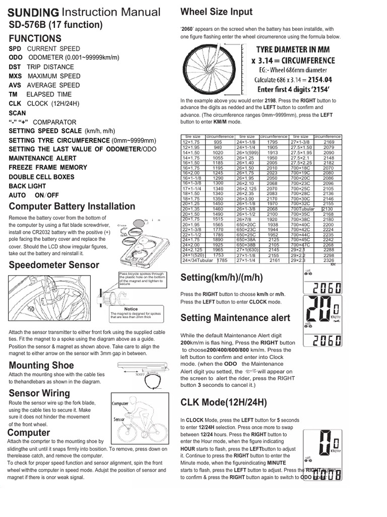 Sunding Speedometer Tire Size Guide | PDF | Equipment | Manufactured Goods