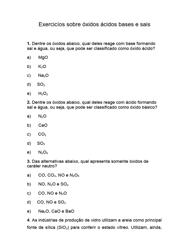 ExercicÃ - Os Sobre Ã Xidos Ã¡cidos Bases e Sais 23.11.2022 | PDF | Óxido | Sal (Química)