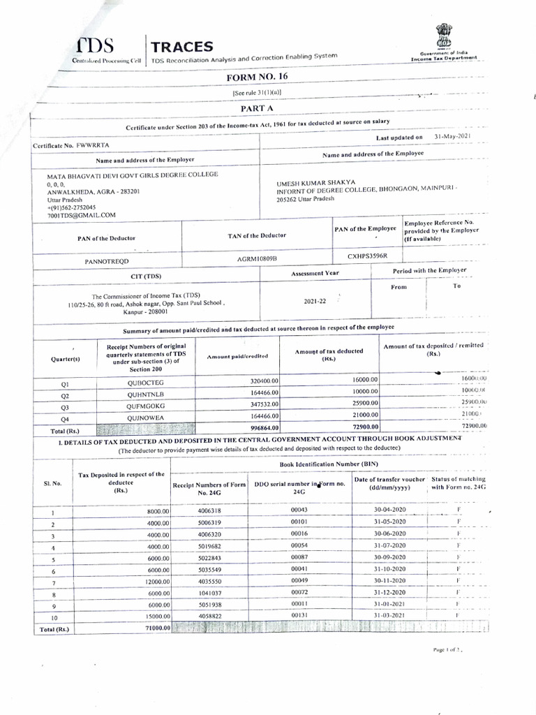 Form 16 (2020-21) Assessment Year 2021-22 | PDF | Tax Deduction | Pension