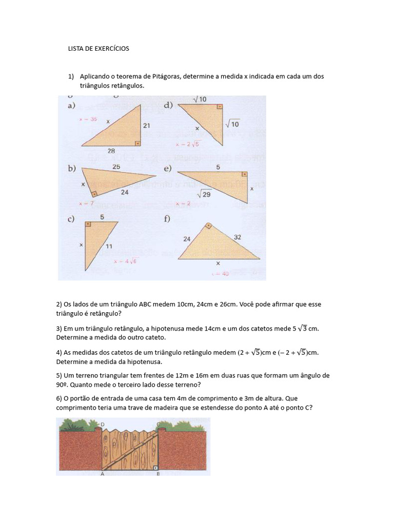 Lista de Exercícios Teorema de Pitagoras | PDF | Triângulo | Geometria Elementar