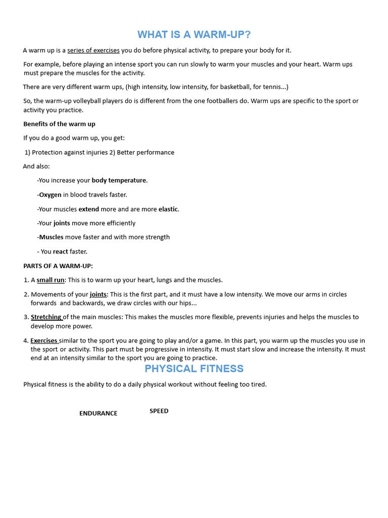Warm Up & Physical Abilities | PDF | Flexibility (Anatomy) | Physical Exercise
