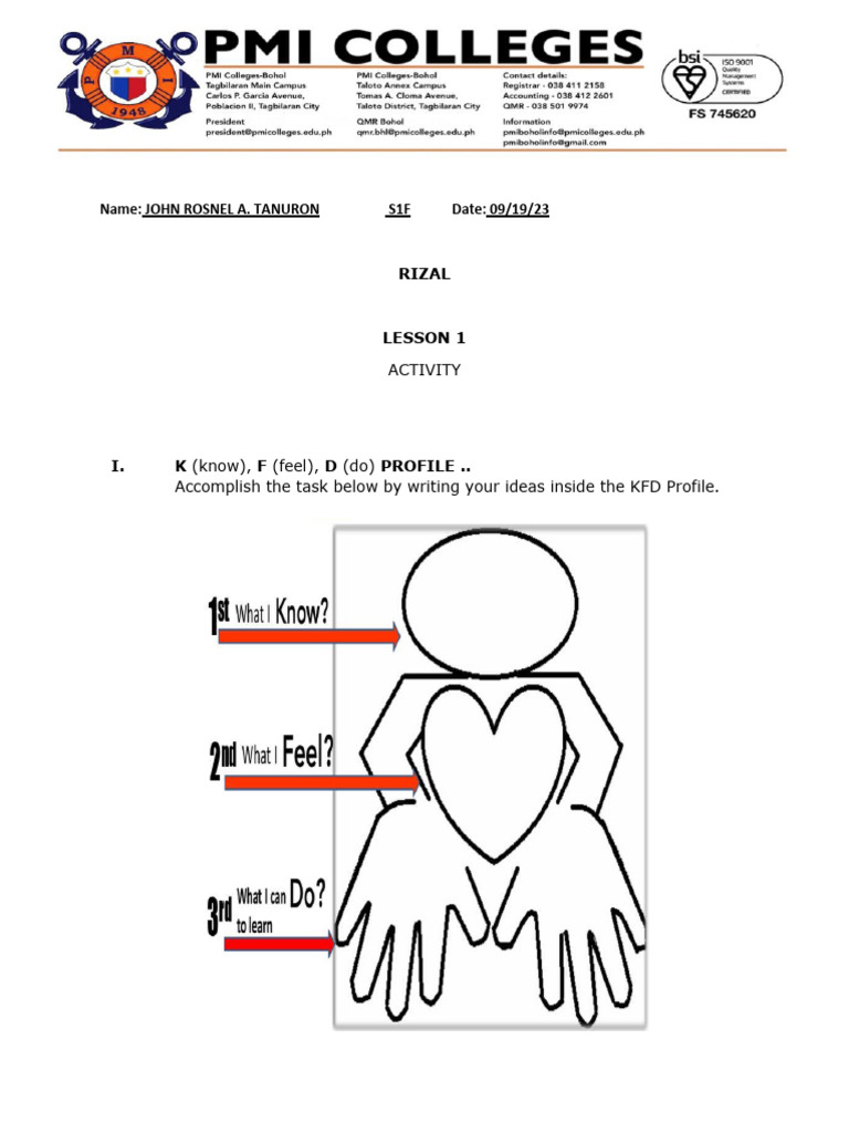 RIZAL Activity 1 (With Answer) | PDF