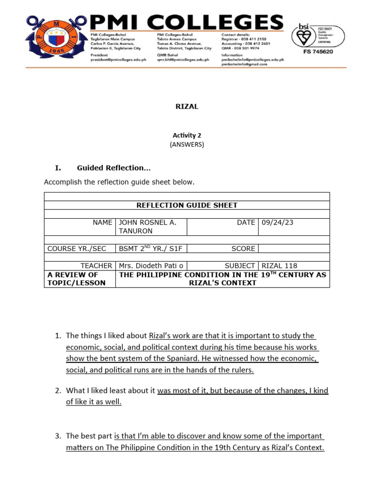 RIZAL Activity 2 (With Answers) | PDF | Philippines | Primary Education