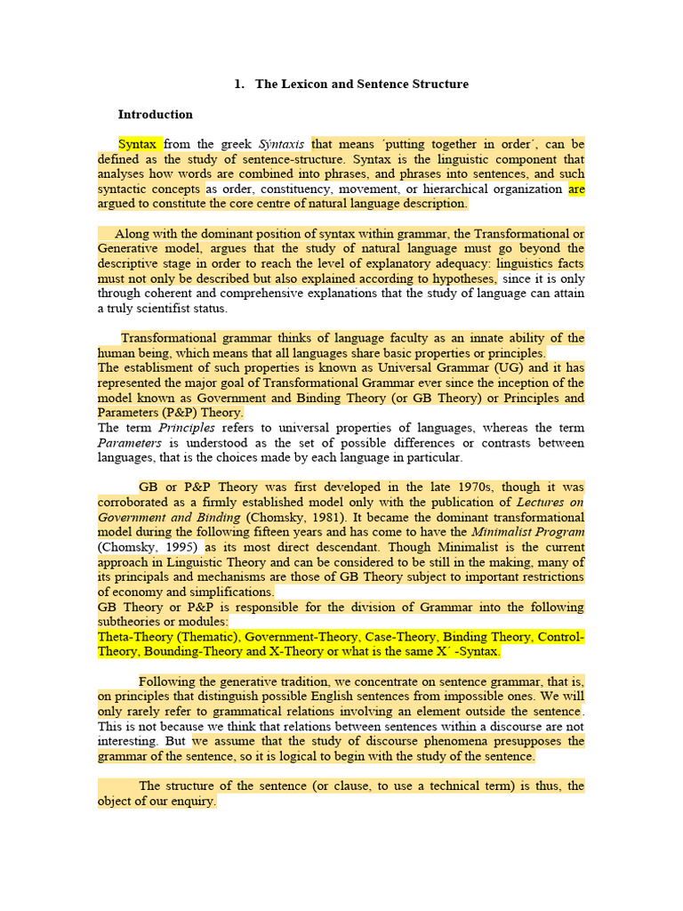 Unit 1. The Lexicon and Sentence Structure - Docx 2017 | PDF | Syntax | Phrase