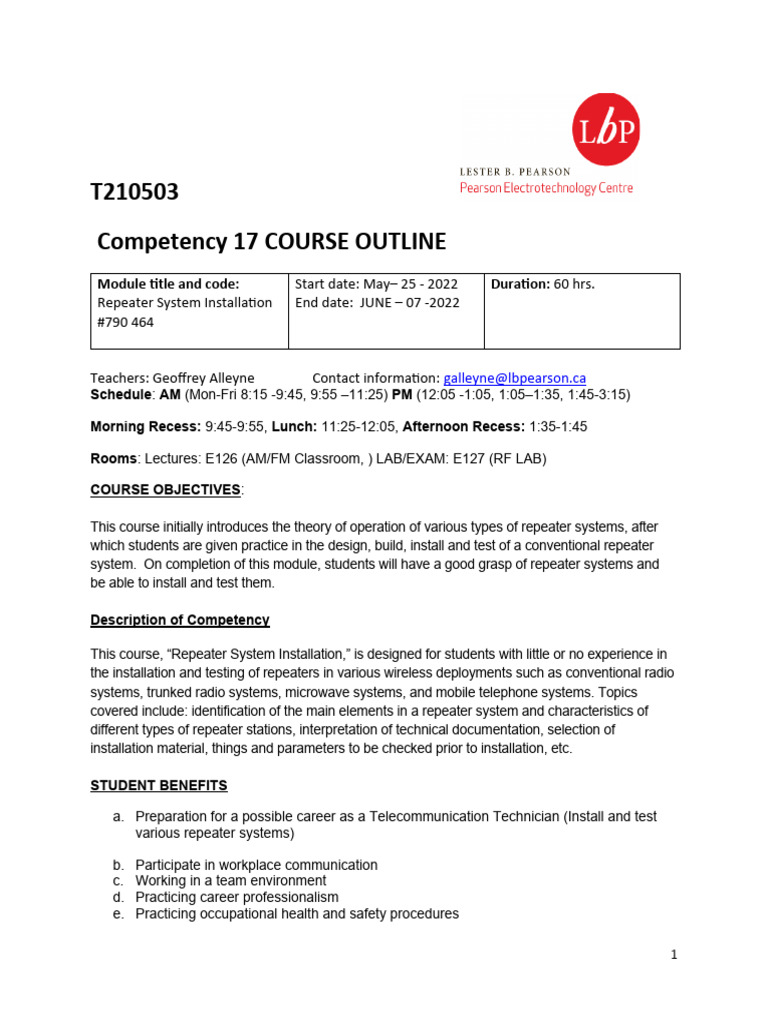 Repeater System Installation in Centre Teaching Course Outline - Spring - 2022 | PDF ...