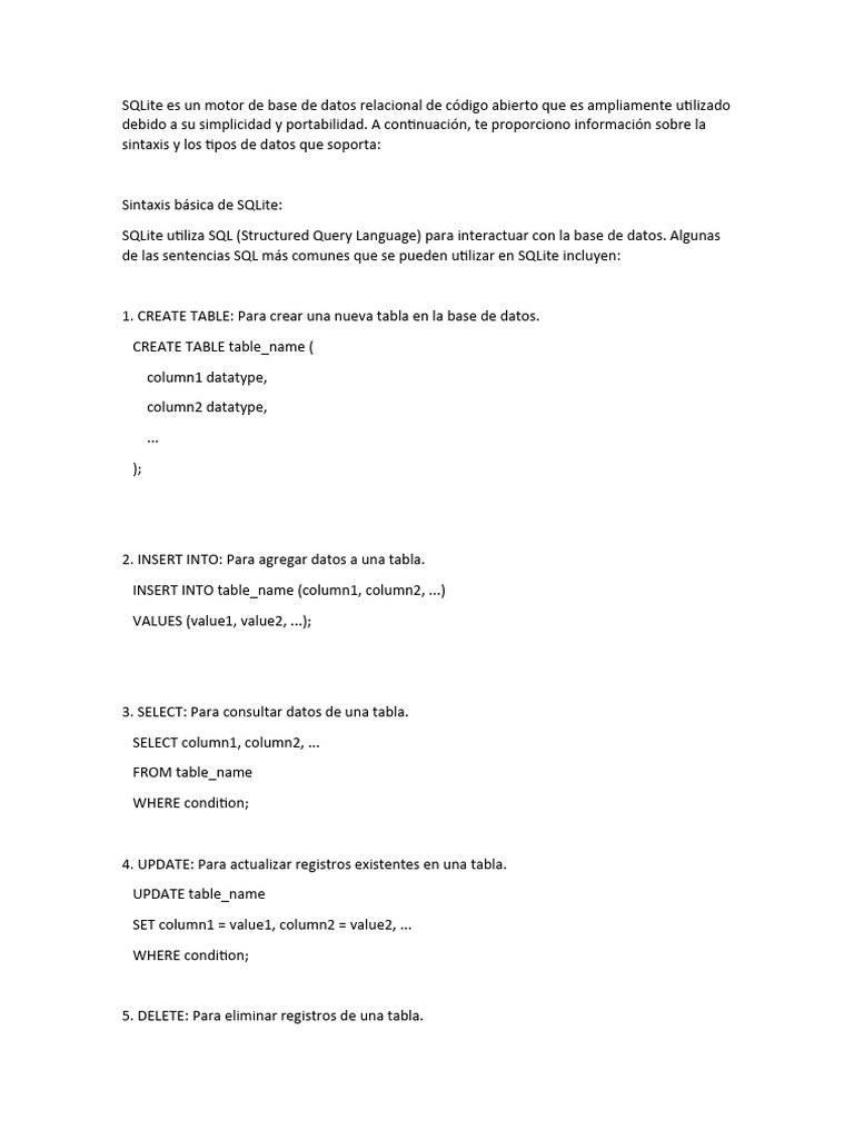 Sintaxis Y Tipos De Datos En Sqlite Pdf Tecnologías De La 5141