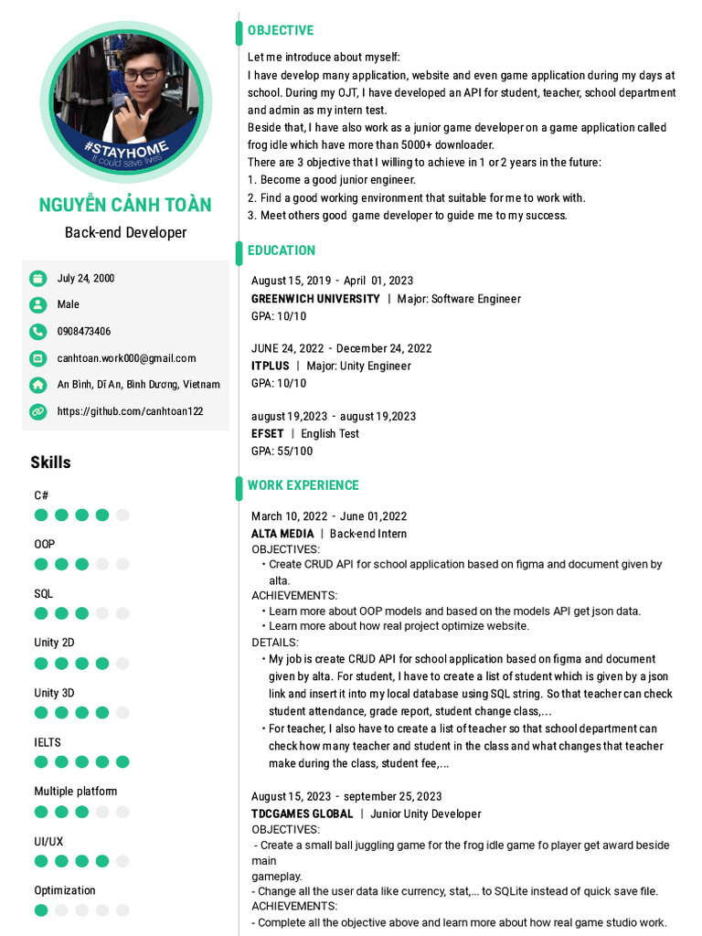 CV - Fresher Back End Dev Nguyen Canh Toan | PDF | Software | Computing