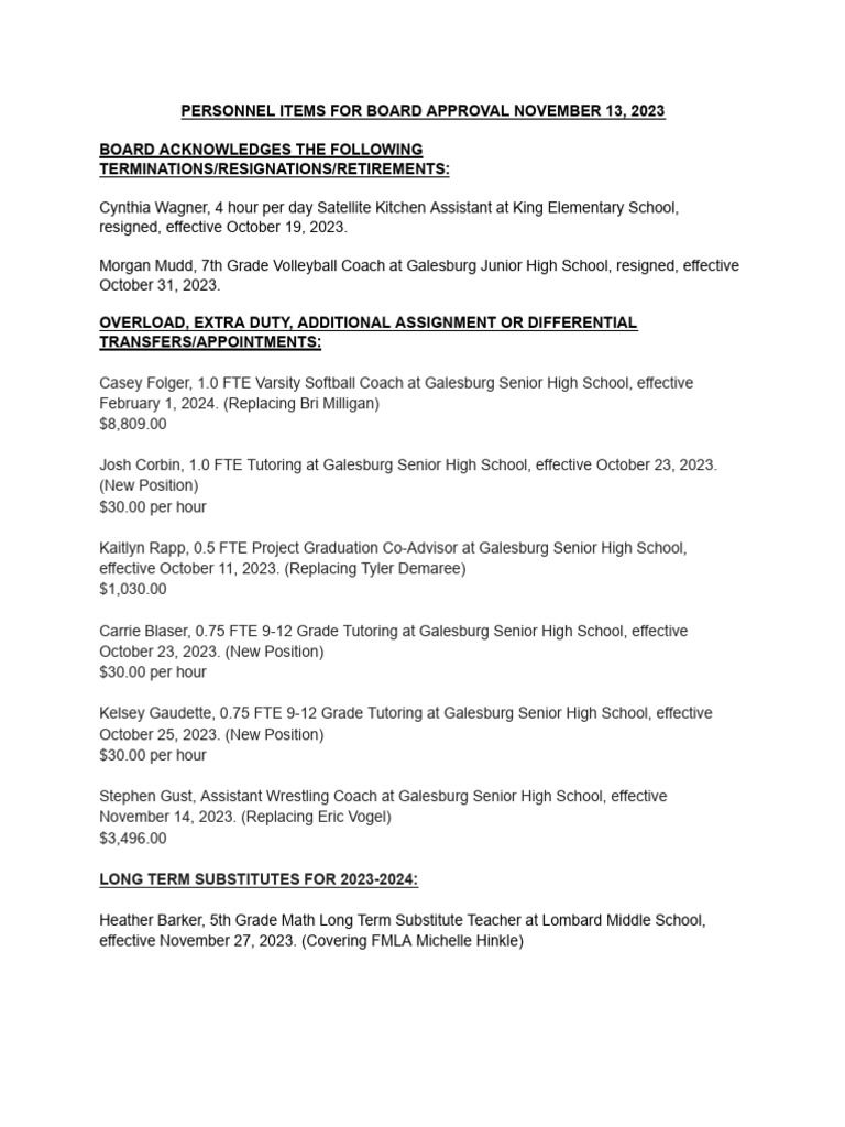 District 205 Personnel Agenda November 2023 | PDF | Educational Stages | Secondary Education