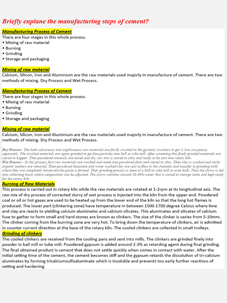 Manufacturing Steps of Cement | PDF | Cement | Mill (Grinding)