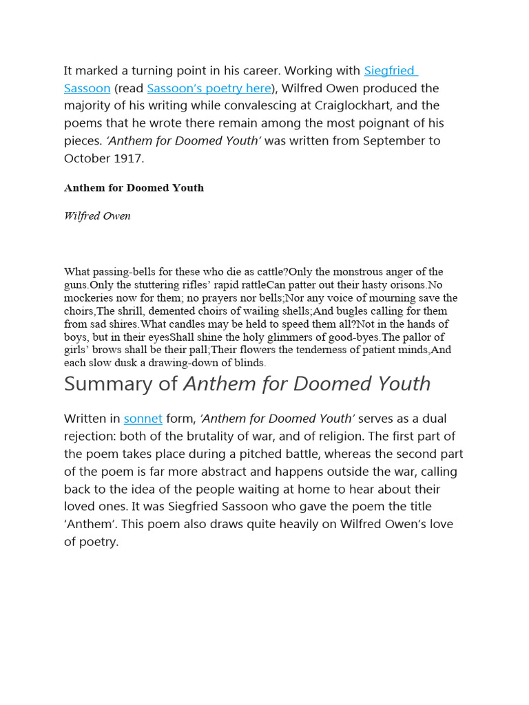 1 Anthem For Doomed Youth by Owen Wilfred | PDF | Poetry