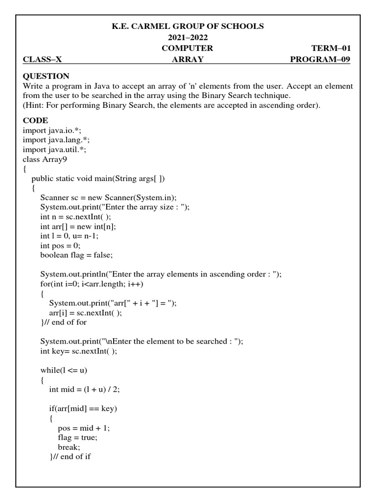 Class X - Term 01 - Array Program 09 | PDF
