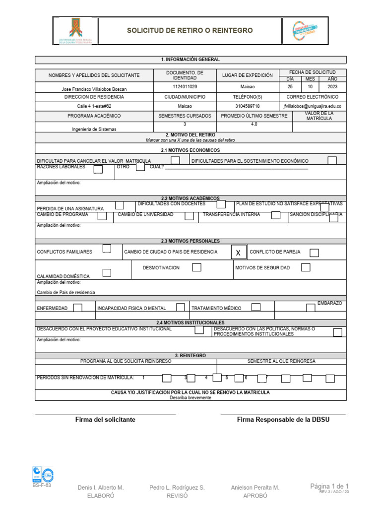 FORMATO DE SOLICITUD DE RETIRO o REINTEGRO | PDF