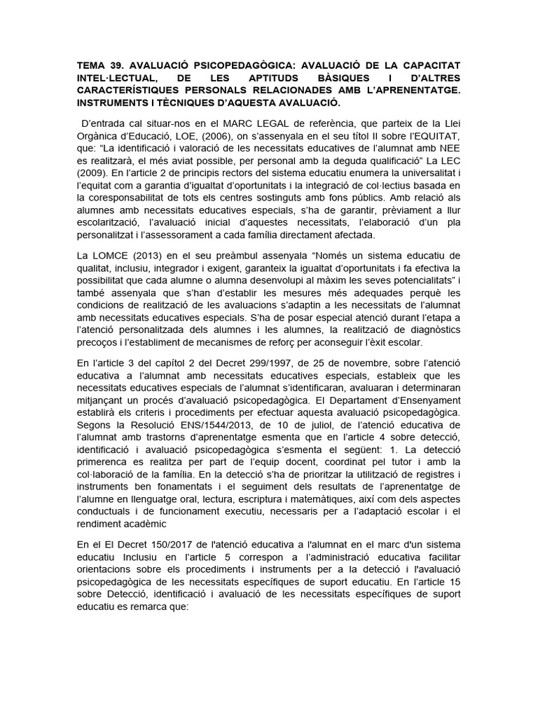 TEMA 39 Avaluacio Psicopedagogica | PDF