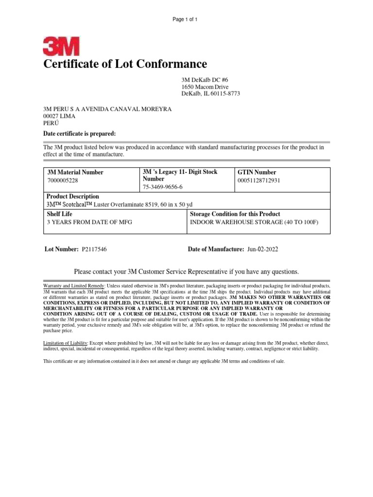 Certificado de Calidad - 3M Overlaminate 8519 | PDF | Legal Liability ...