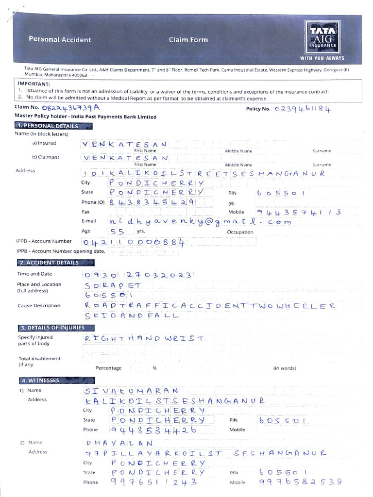 Personal Accident Claim Form | PDF | Health Sciences | Health Care