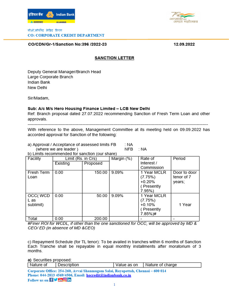 Hero Housing - Sanction - 09.09.2022 - MC | PDF | Banks | Reserve Bank Of India