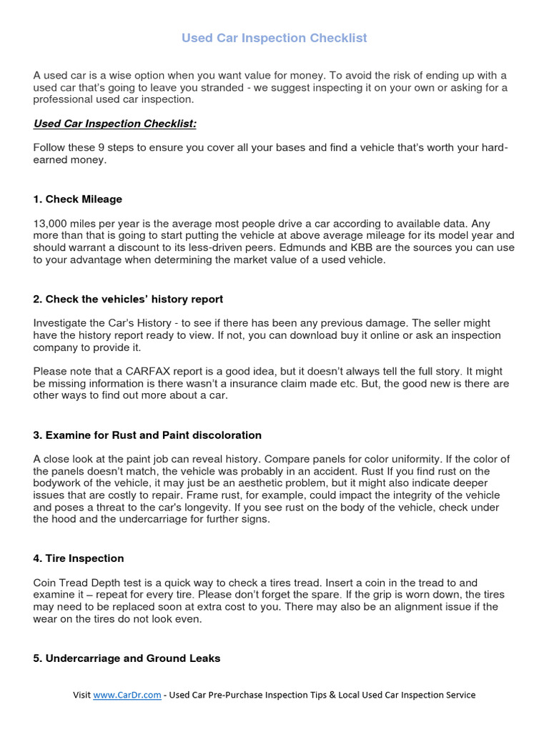 Checklist-Used-Car-Inspection | PDF | Leak | Used Car