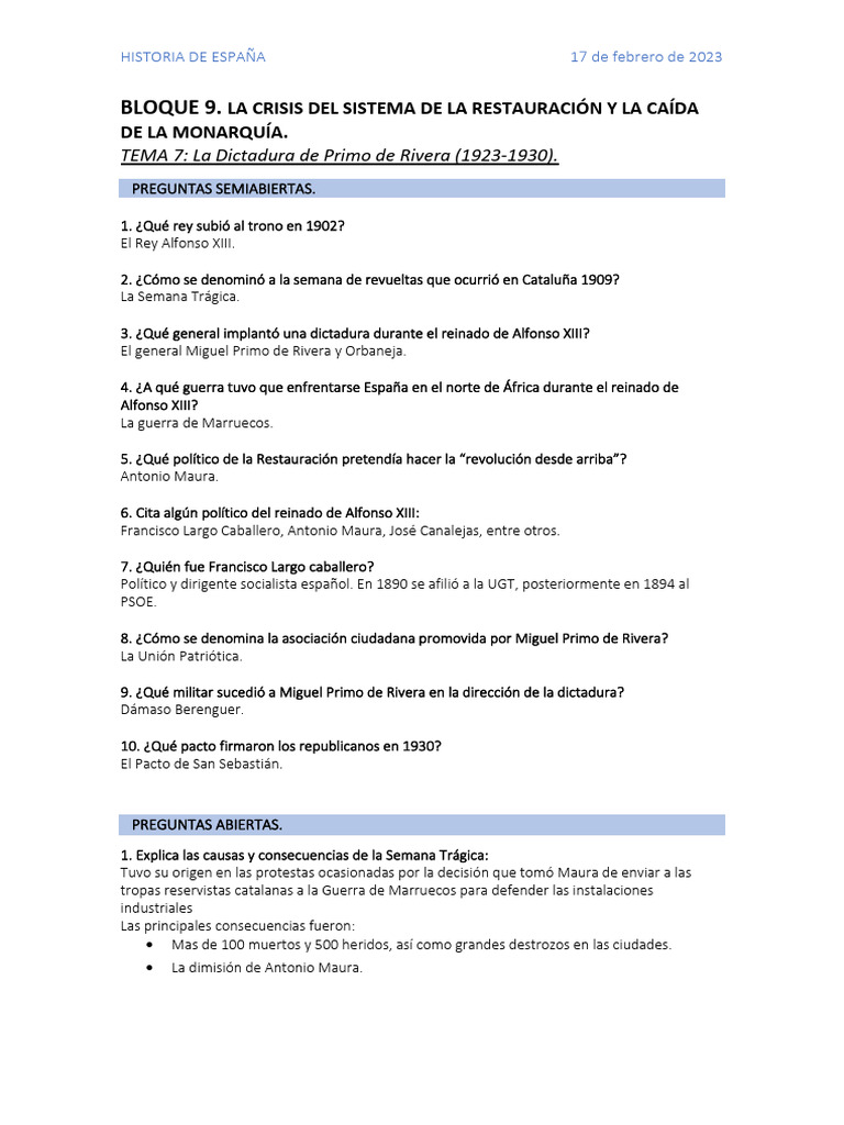 Preguntas Cortas Tema 7 | PDF | España | Política de españa