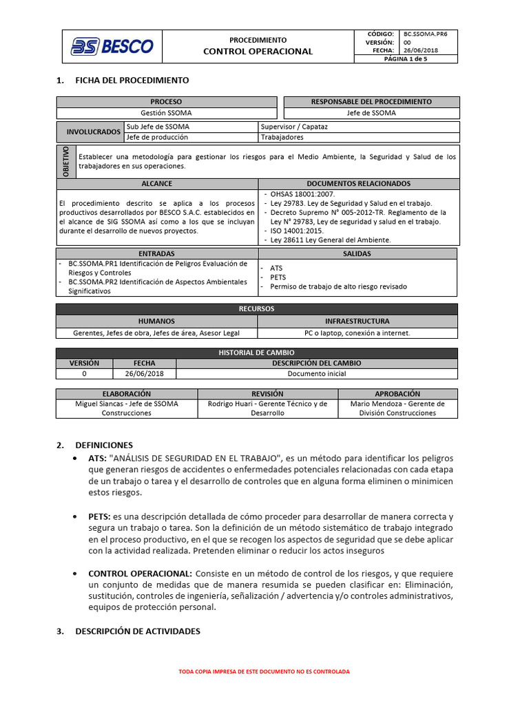 BC - SSOMA.PR6 Control Operacional V0 | PDF