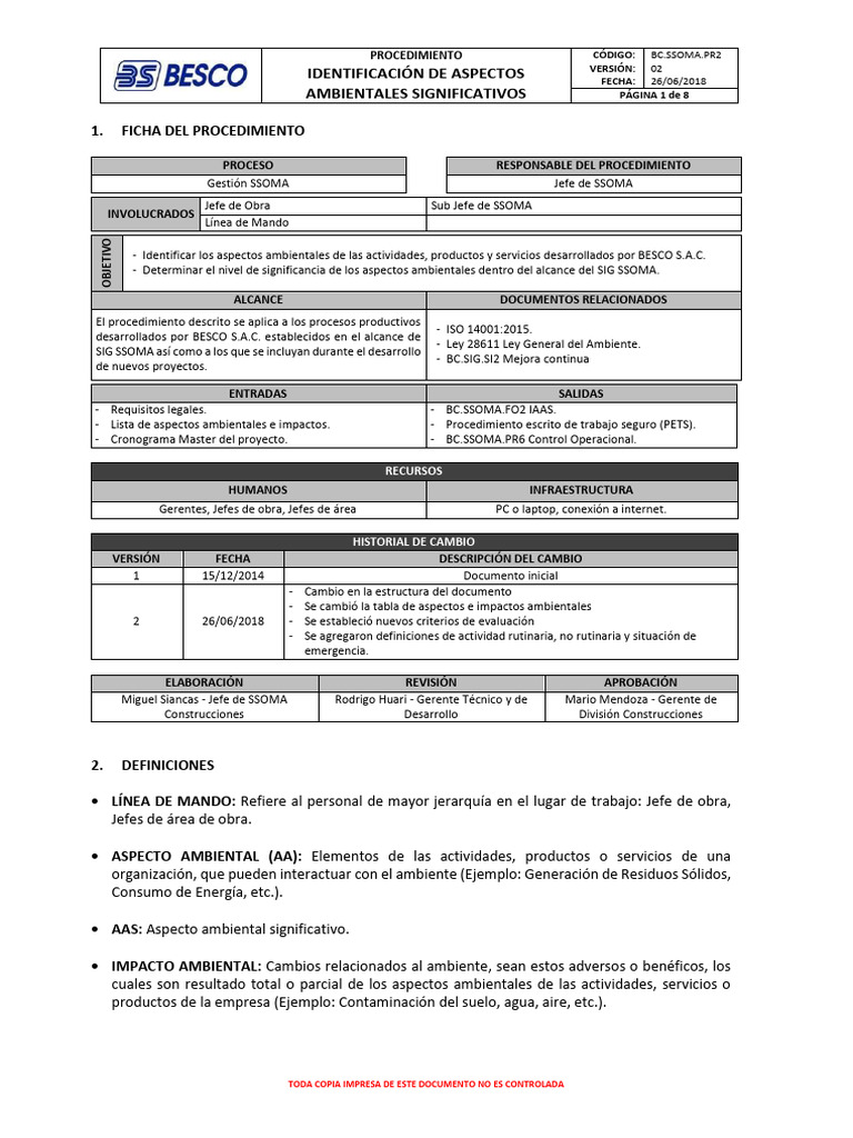 BC - SSOMA.PR2 Identificación de Aspectos Ambientales Significativos V2 | PDF | Contaminación ...