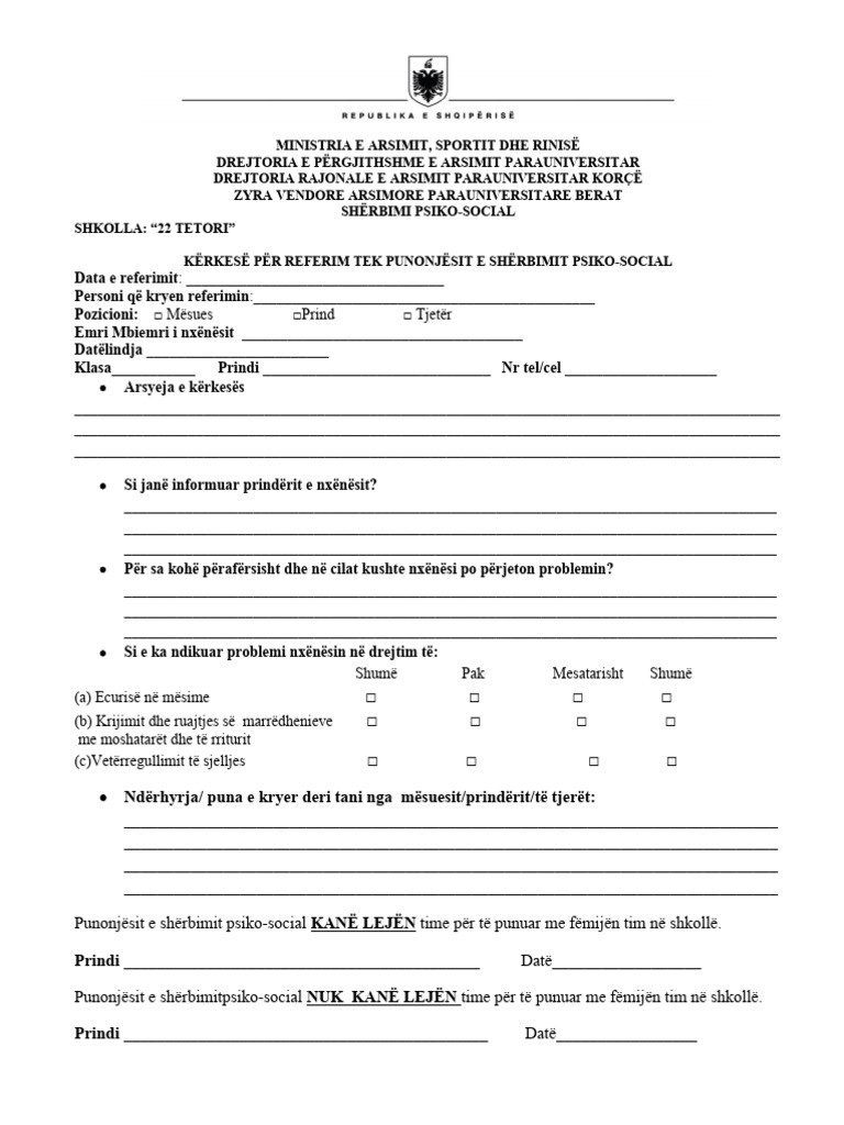 Formular I Referimit Per Sherbimin Psiko-Social | PDF