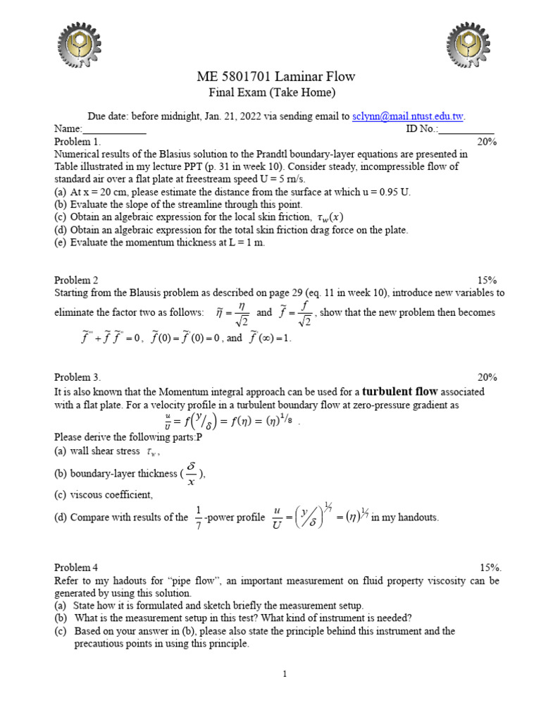 2021 LF Final Exam | PDF | Boundary Layer | Fluid Dynamics