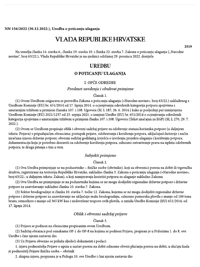 Uredba o Poticanju Ulaganja | PDF