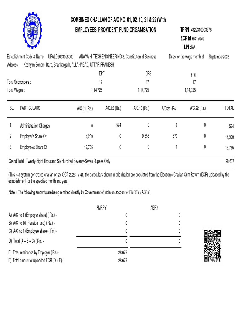 EPF Combined Challan - Sep-2023 | PDF | Factor Income Distribution ...