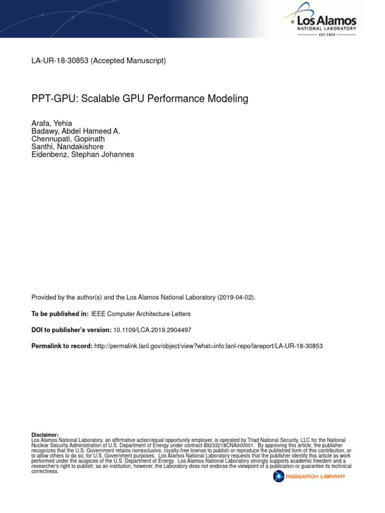PPT-GPU: Scalable GPU Performance Modeling: LA-UR-18-30853 (Accepted Manuscript) | PDF ...