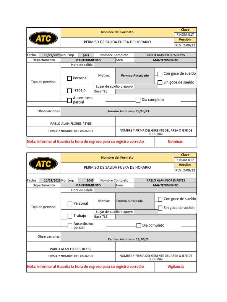 Formato de Permisos Salida Temprano | PDF