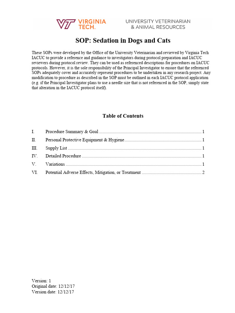 Sop Dogs and Cats Sedation | PDF | Anesthesia | Injection (Medicine)