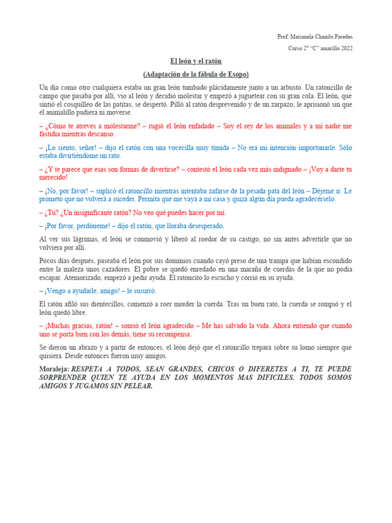 El león y el ratón: fábula y actividades | PDF