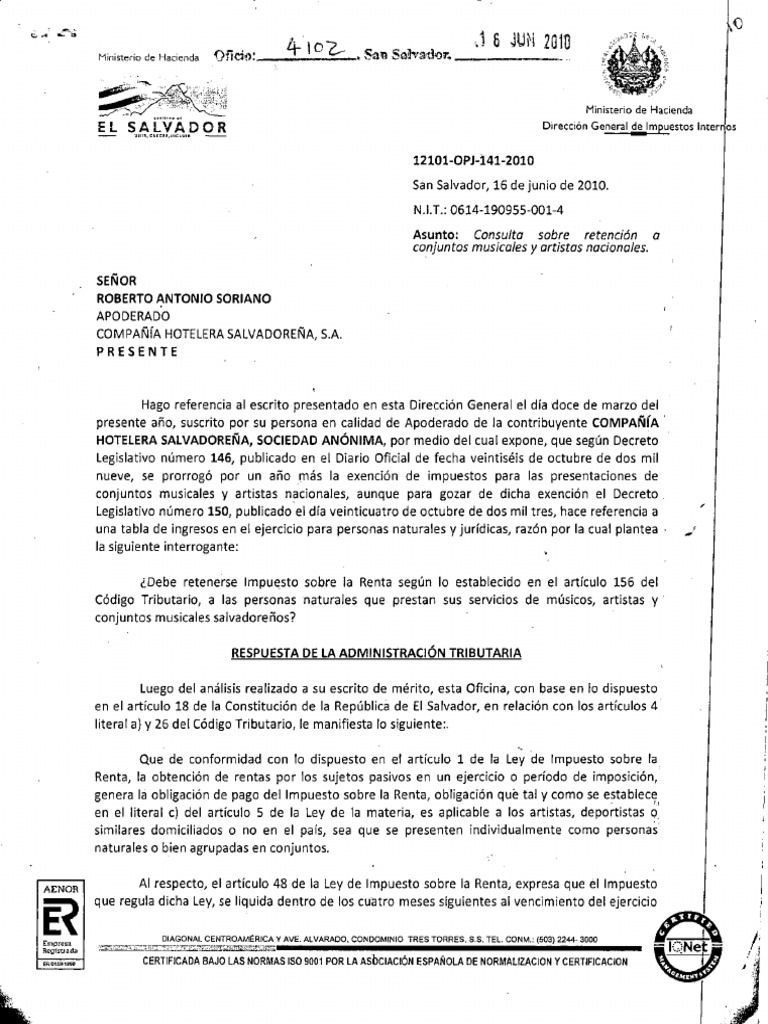 Compañía Hotelera Salvadoreña, S.A. - 12101-Opj-141-2010 | PDF