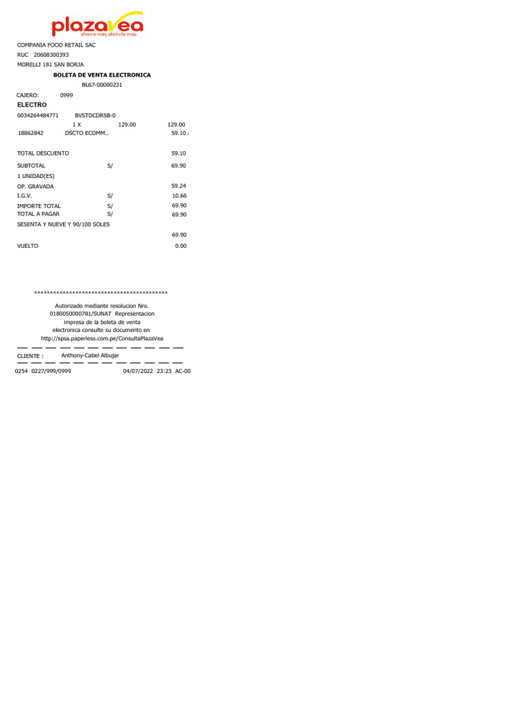 Boleta Electrónica Compañía Food Retail SAC | PDF