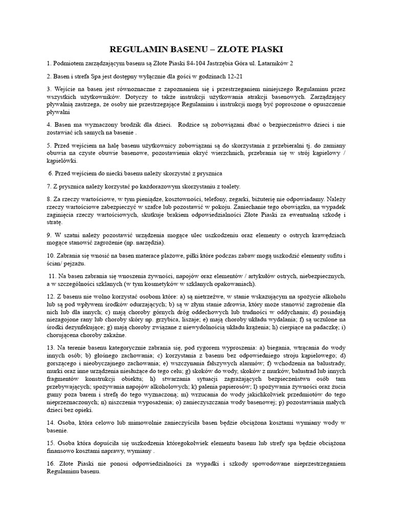 Regulamin Basenu | PDF