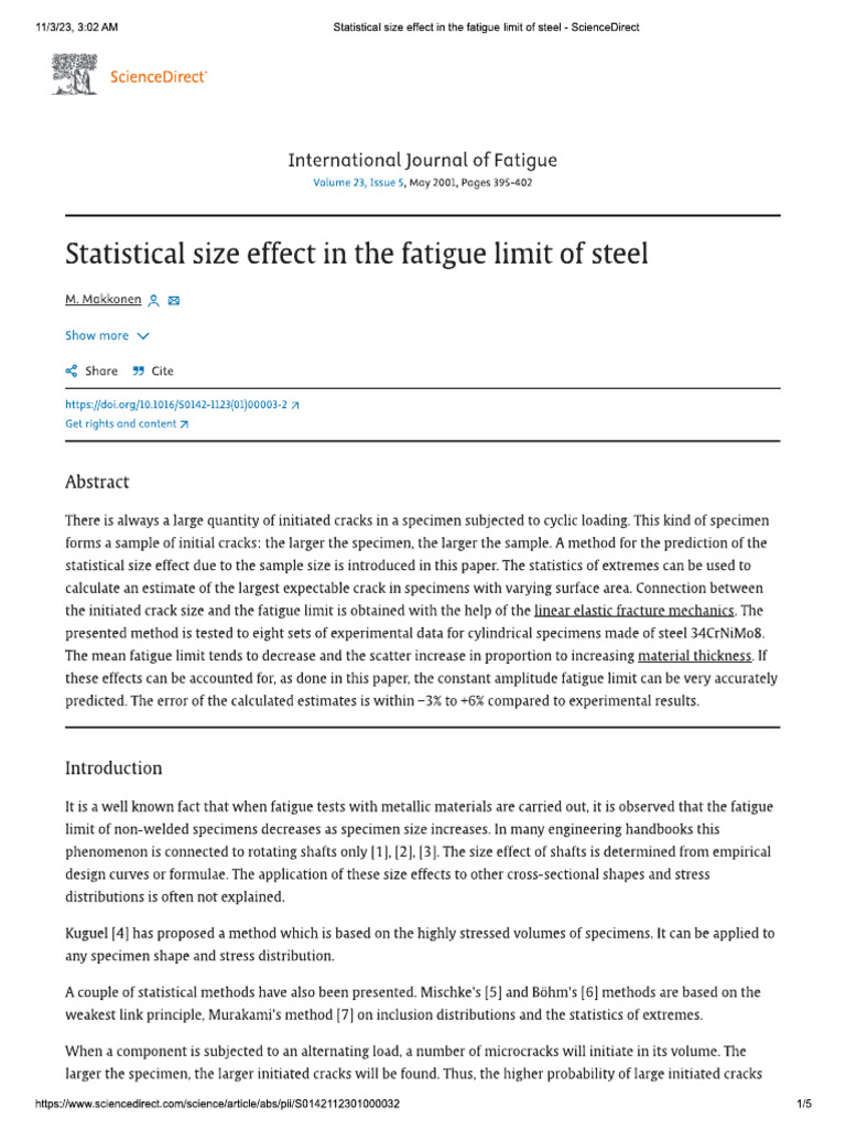 Statistical Size Effect in The Fatigue Limit of Steel | PDF