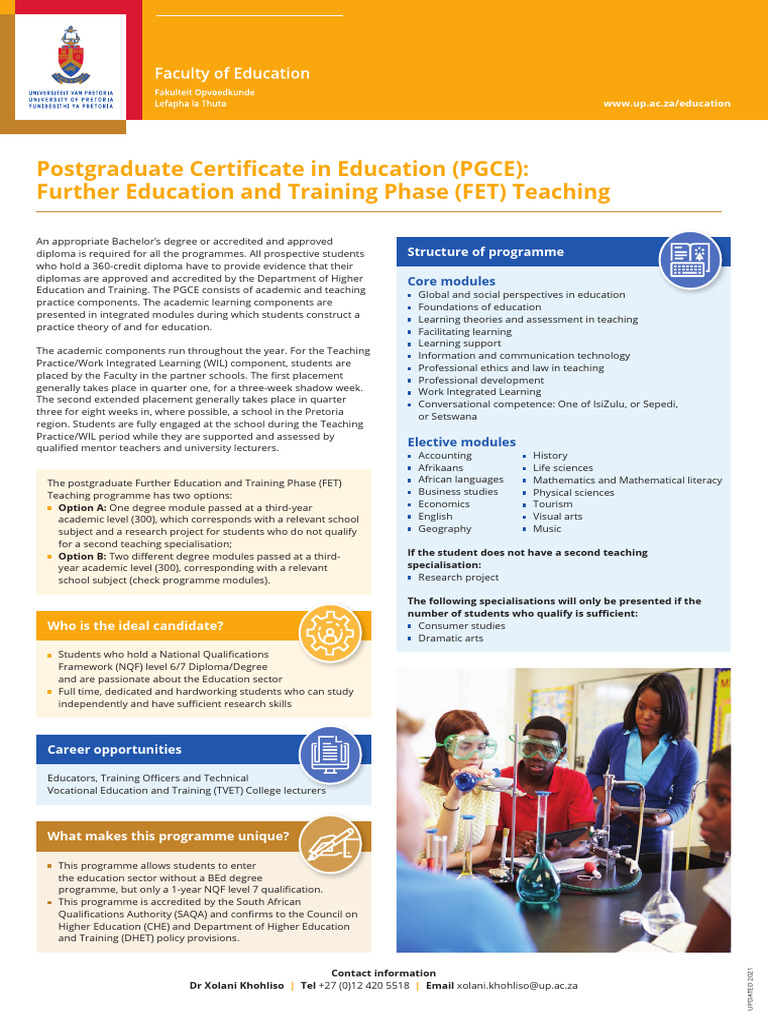 Up - Education - Pgce - Further Education and Training Phase - Fet ...