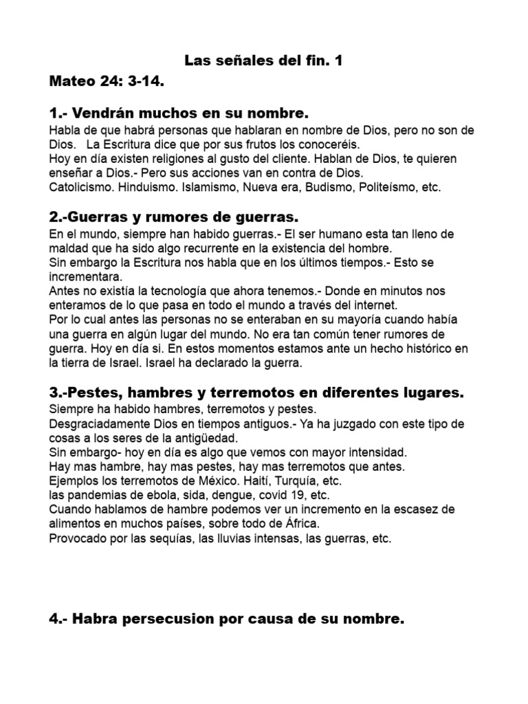 Señales del Fin según Mateo 24:3-14 | PDF | Dios | Politeísmo