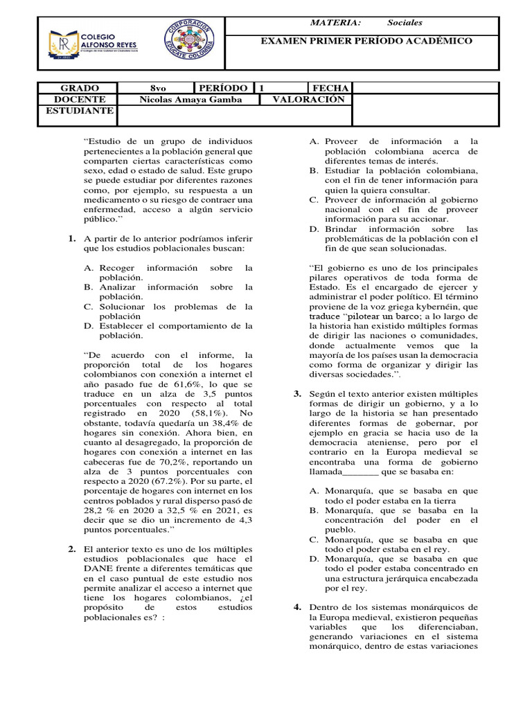 Examen 8vo Ciencias Sociales Nicolas Amaya | PDF | Monarquía | Era de ...