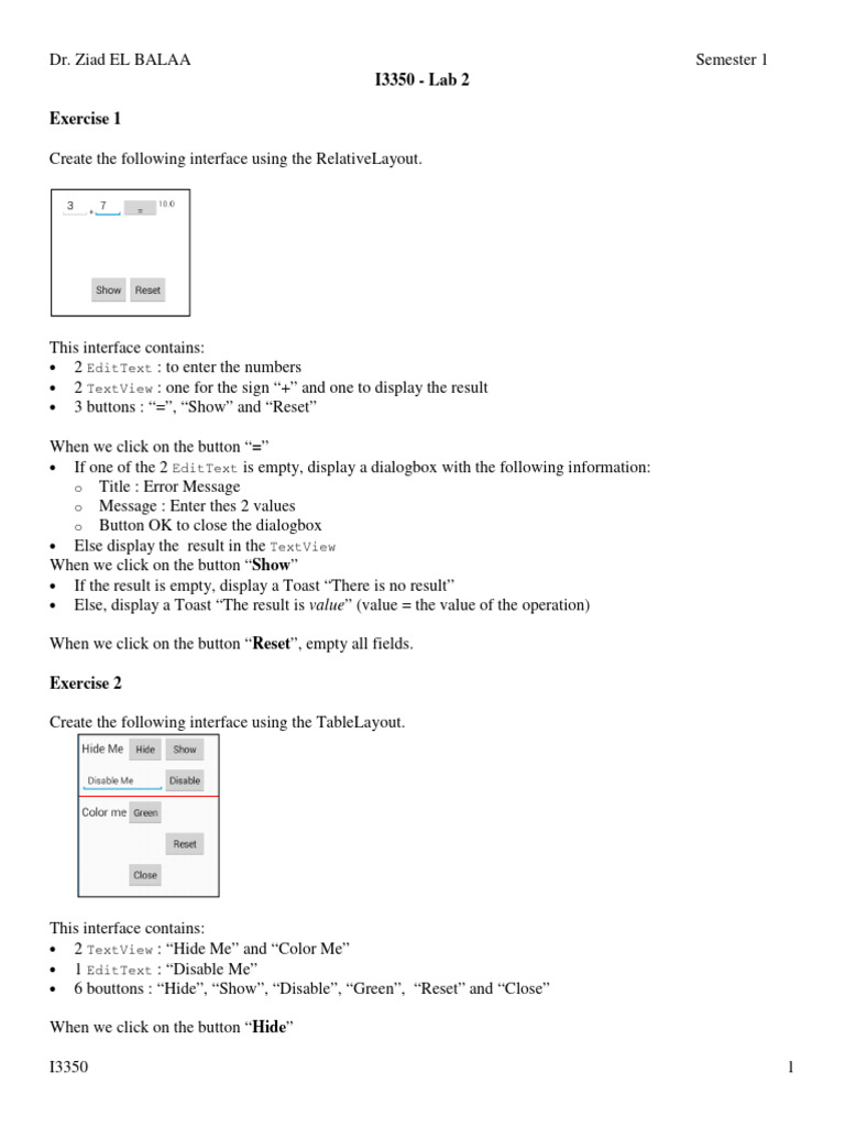 I3350 - Lab 2 Exercise 1: Edittext Textview | PDF