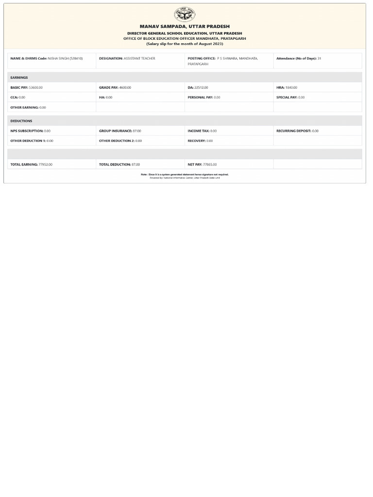 Salary Slip For The Month of August 2023 | PDF